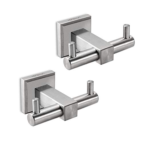 Double Towel Hooks for Hanging ,Premium Stainless Steel Heavy Duty Square Clothes Coat Robe Wall Hook for Kitchen &Garage, Heavy Duty Wall Mounted 2 Pack