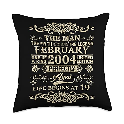19th Birthday Gift Vintage February 2004 19th Birthday The Man Myth Legend February 2004 Throw Pillow, 18x18, Multicolor