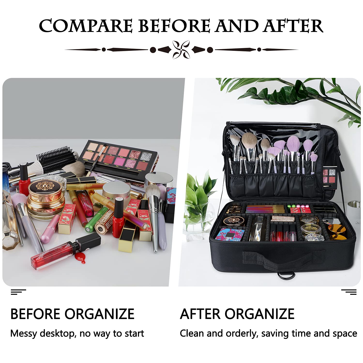 Oewoer Professional Travel Makeup Case 16.5 Inches Large Make Up Bag Cosmetic Train Case Portable Artist Storage Organizer Bag with Shoulder Strap for Makeup Brushes (L-Black)