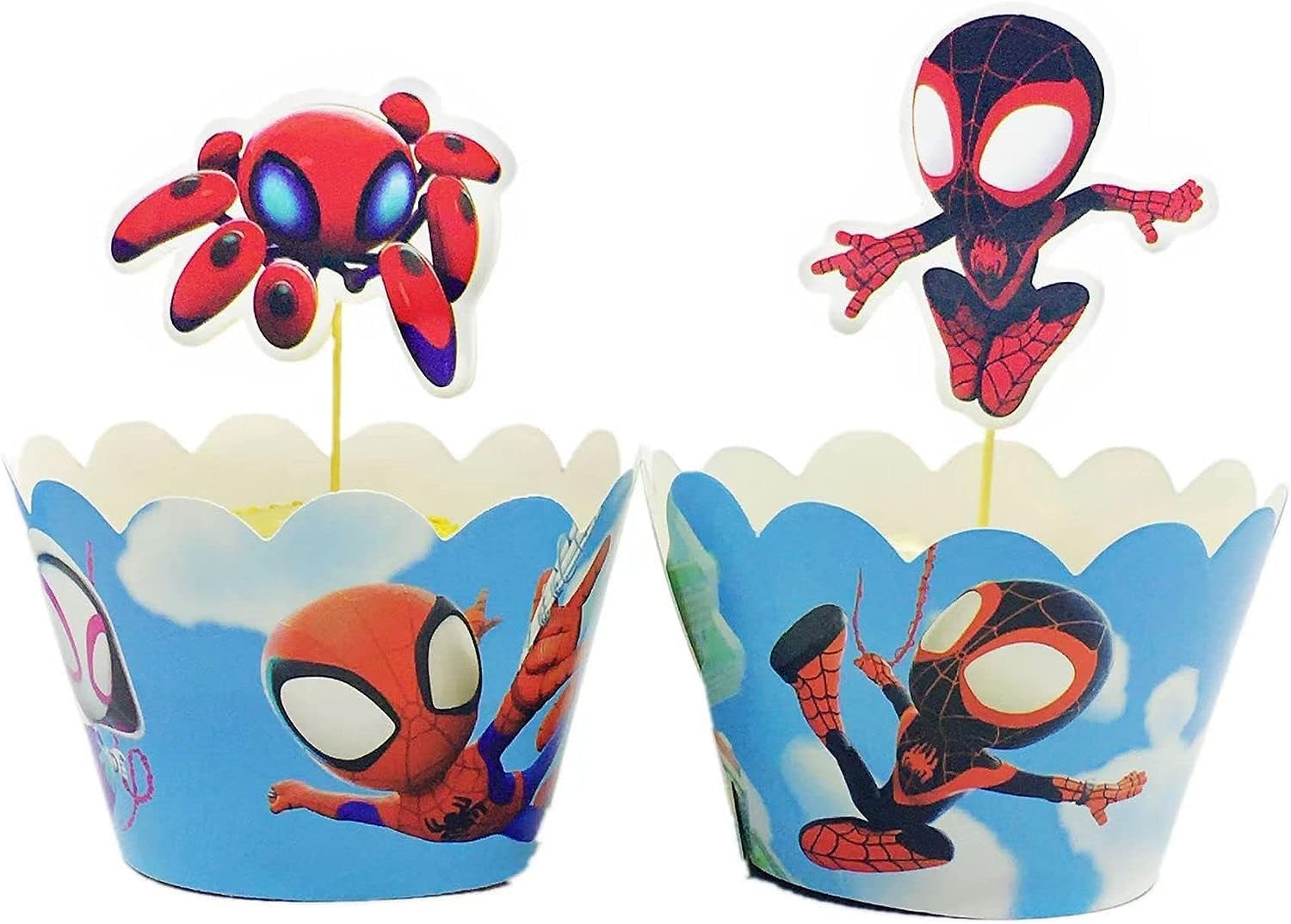 12 Pcs Spider and His Friends Cupcake Decorations, Double Sided Toppers and Wrappers, Superhero Decorations, Boys and Girls Birthday Party Supplies