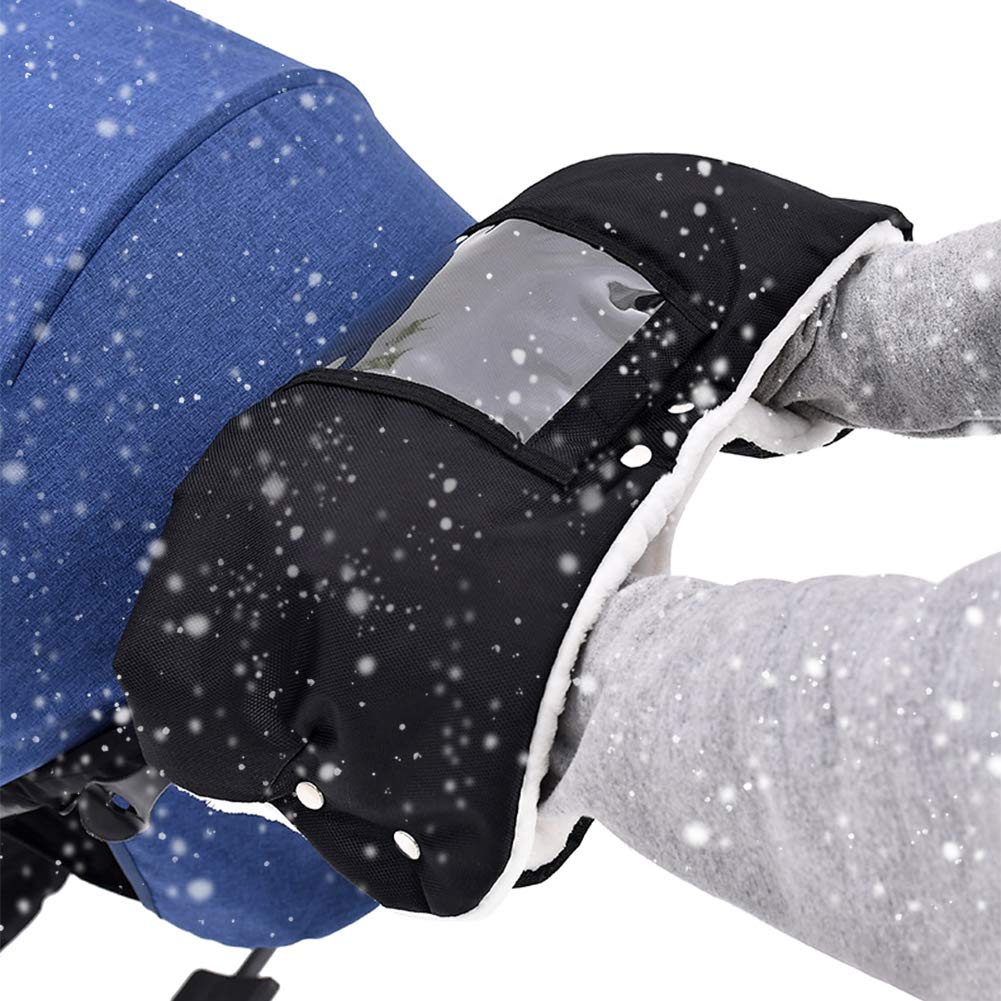 COCODE Pram Hand Muff,Baby Pushchair Fleece Hand Gloves Stroller Hand Muff Hand Warmer Windproof Thickening Anti-Freeze Gloves Universal Pram Accessory with Touch Screen Phone Bag