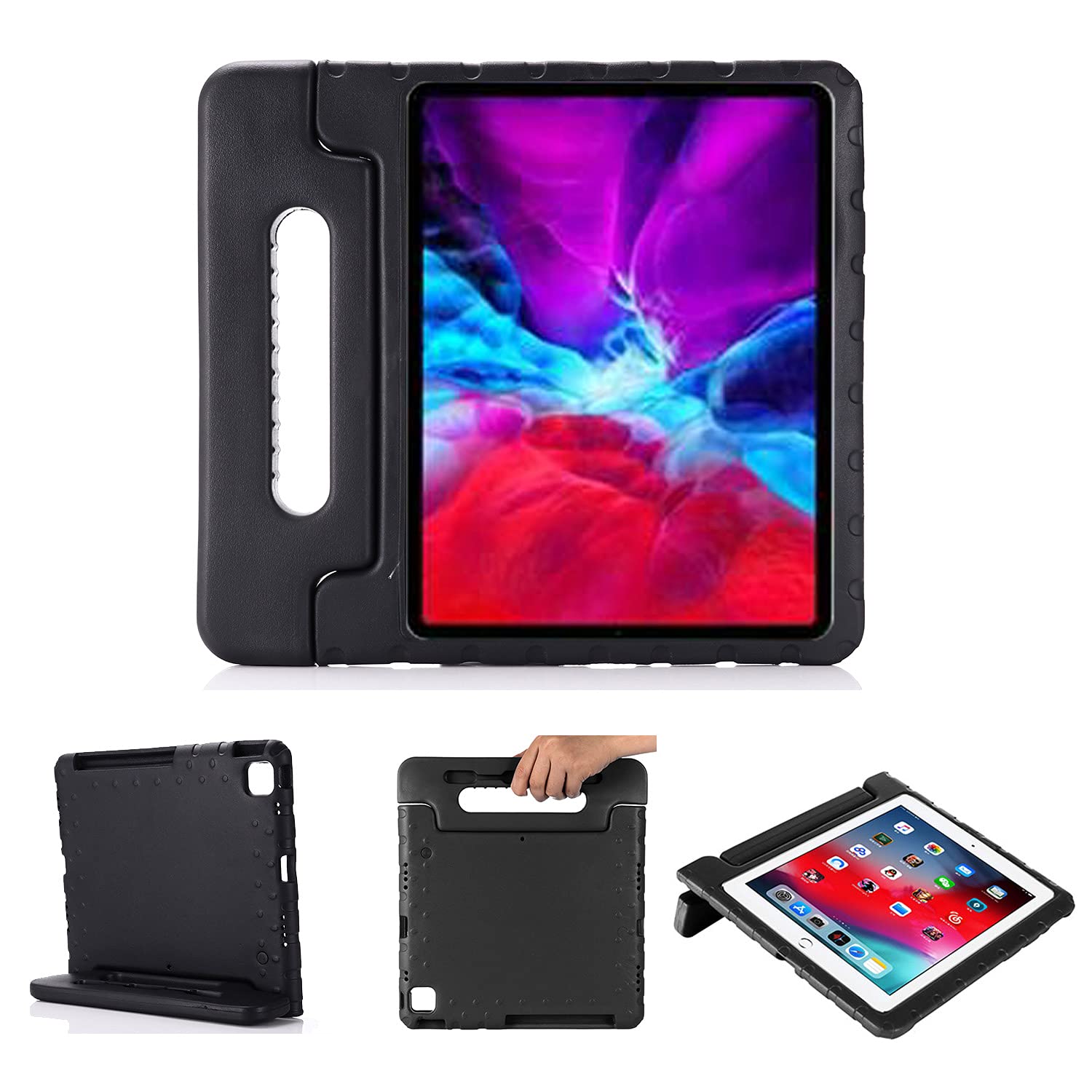 UUcovers Kids Case for Apple iPad Pro 12.9 inch 2022/2021/2020/2018 (6th/5th/4th/3rd Generation) with Pencil Holder/Rotating Kickstand Swivel Handle EVA Foam Shockproof Rugged Flip Stand Cover, Black