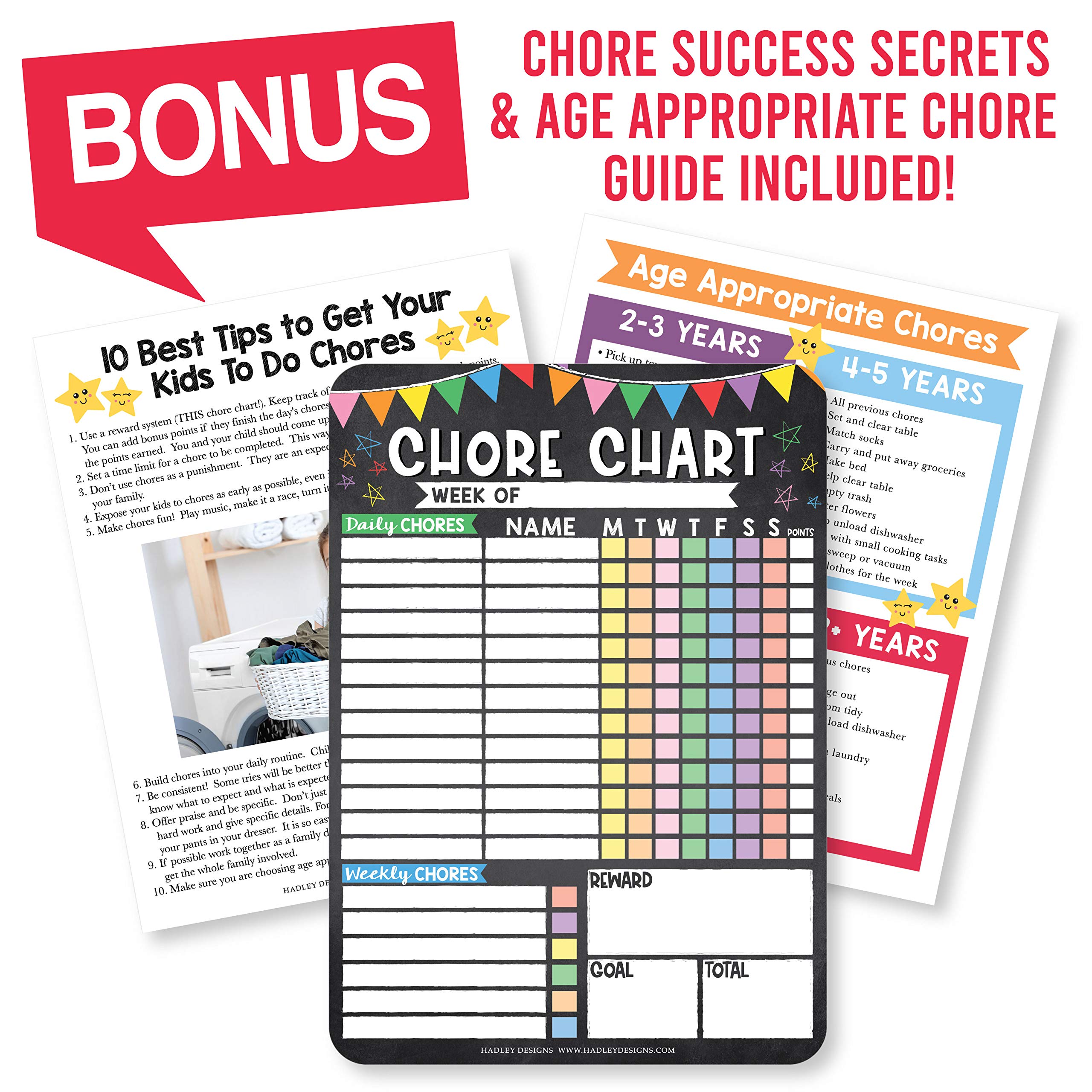 Hadley Designs Magnetic Chore Chart for Kids-12"x17" Reusable Dry Erase Responsibility Chart for Multiple Kids-Weekly Family Organizer with Reward System and Bonus Chore Guide