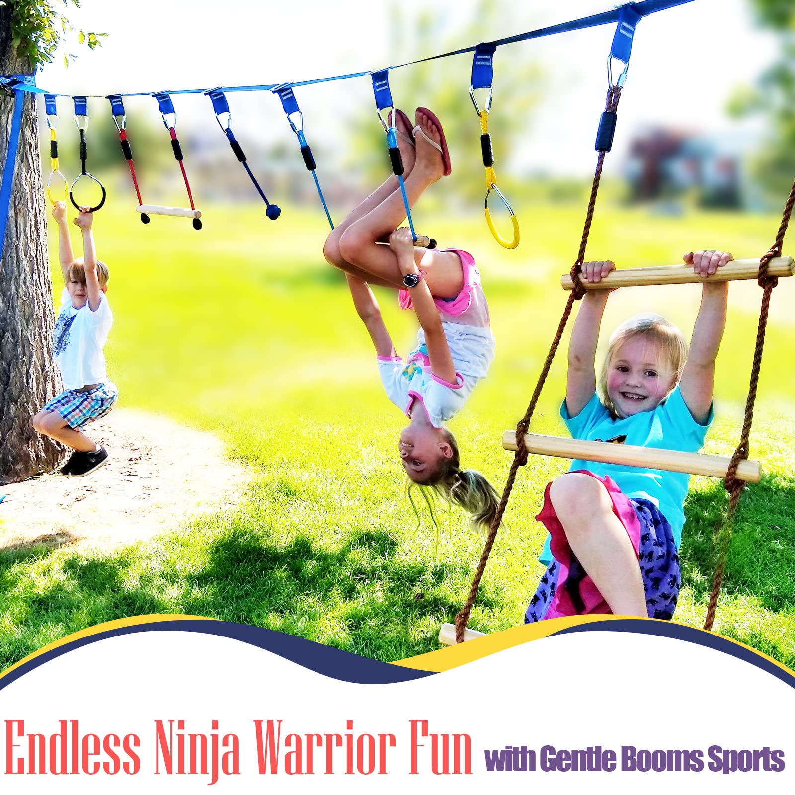 2×56ft Ninja Warrior Obstacle Course for Kids - 600 lbs Weight Capacity, Slackline Obstacle Course with 8 Ninja Accessories - Monkey Bar, Rope Ladder, Gymnastic Ring, Arm Trainer and Monkey Fist