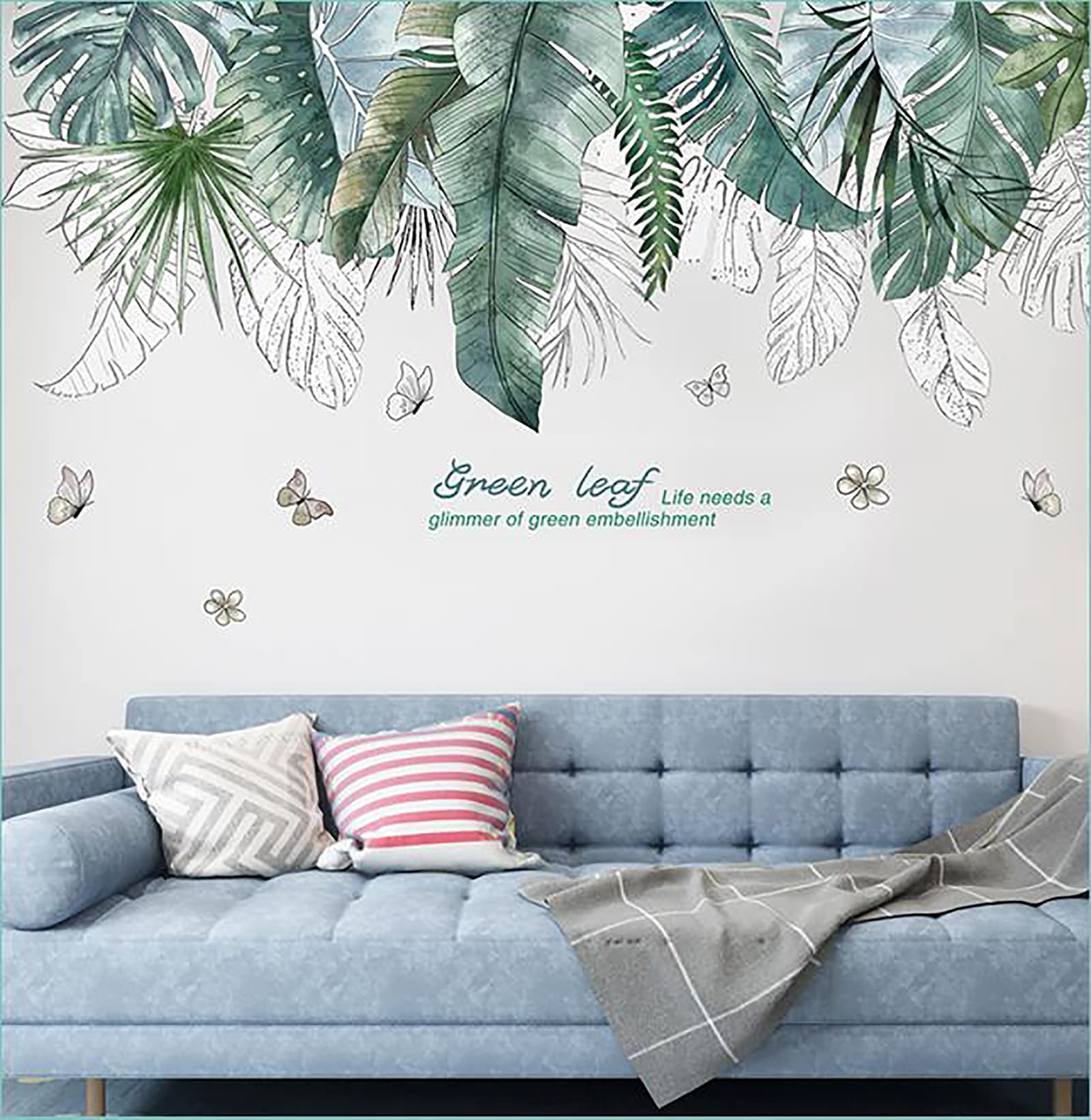 SENGTER Tropical Leaves Wall Decals Removable Jungle Green Palms Tree Plant Wall Stickers for Living Room Kids Room Bedroom Playroom Decor