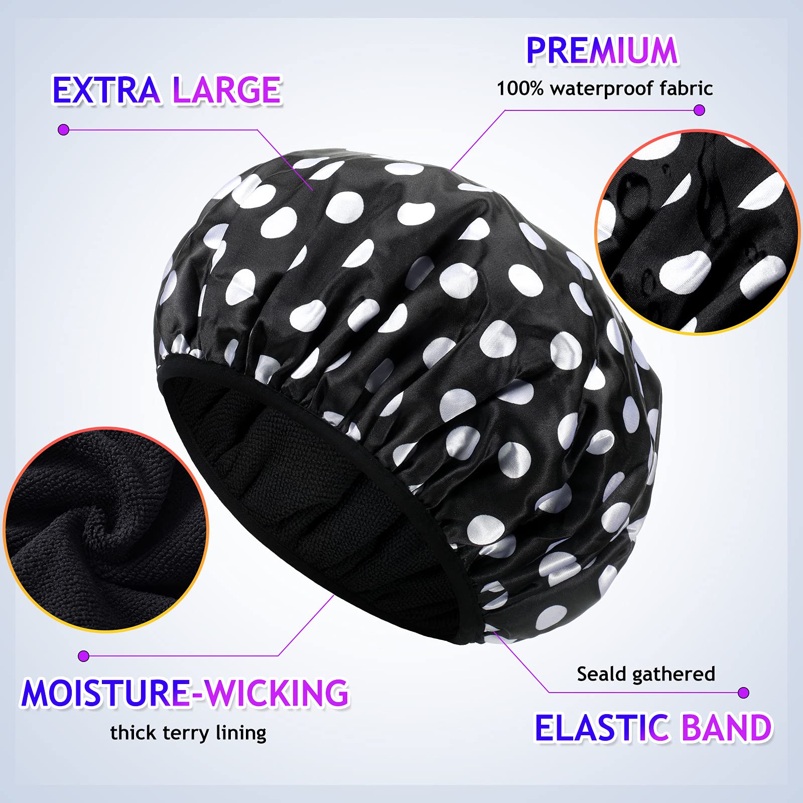 Geyoga 2 Pcs Shower Cap Terry Lined Shower Cap for Women Large Triple Layer Shower Cap with Microfiber Dry Hair Function Breathable Bath Cap Reusable Waterproof for Long Hair(Cute Pattern)