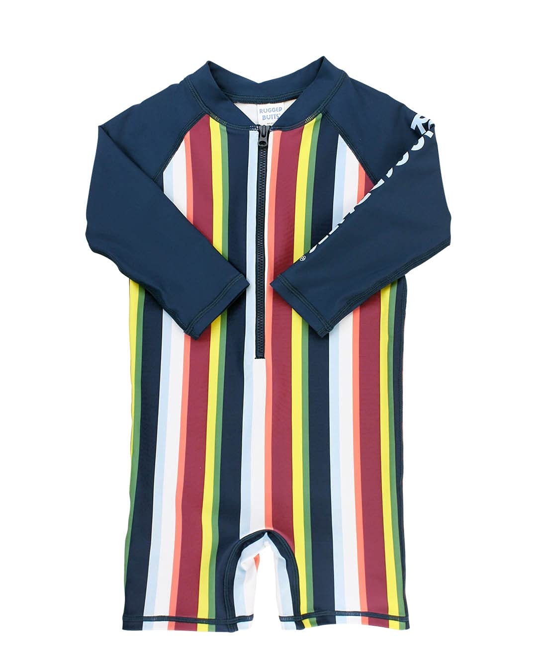 RUGGEDBUTTS Baby/Toddler Boy Swimsuit, One Piece Zipper Rash Guard Sunsuit with UPF 50+ Sun Protection - Sunset Stripe - 12-18m