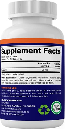 2 Pack High Potency Melatonin 20mg Tablets | Vegetarian, Non-GMO, Gluten Free | 60 Fast Dissolve Tablets | Natural Berry Flavor |