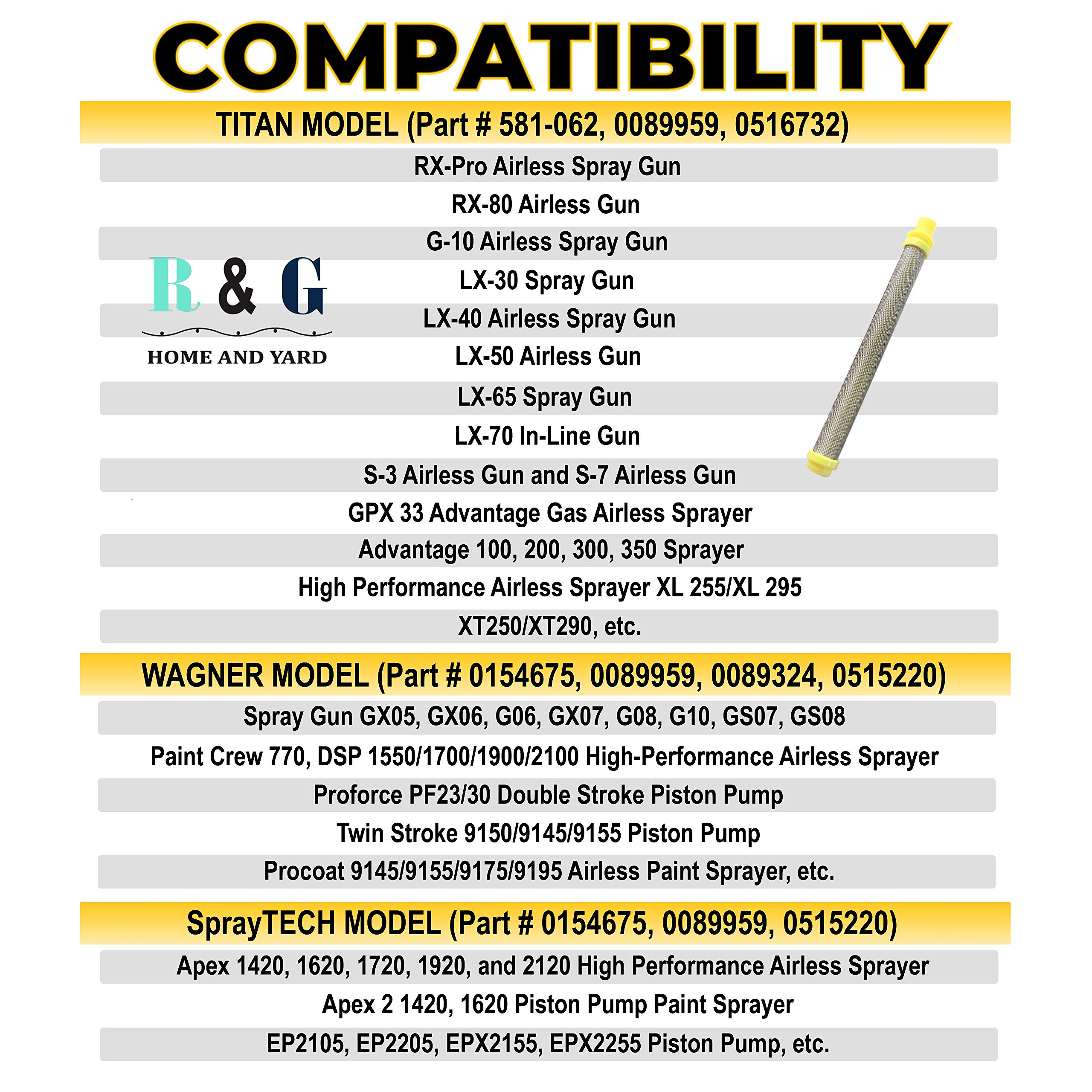 5 PCS-Titan/Wagner/Spraytech Airless Spray Gun Filter Replacement - Push On (Yellow, 100 Mesh) 581-062 581062 0089959 0089324 0154675