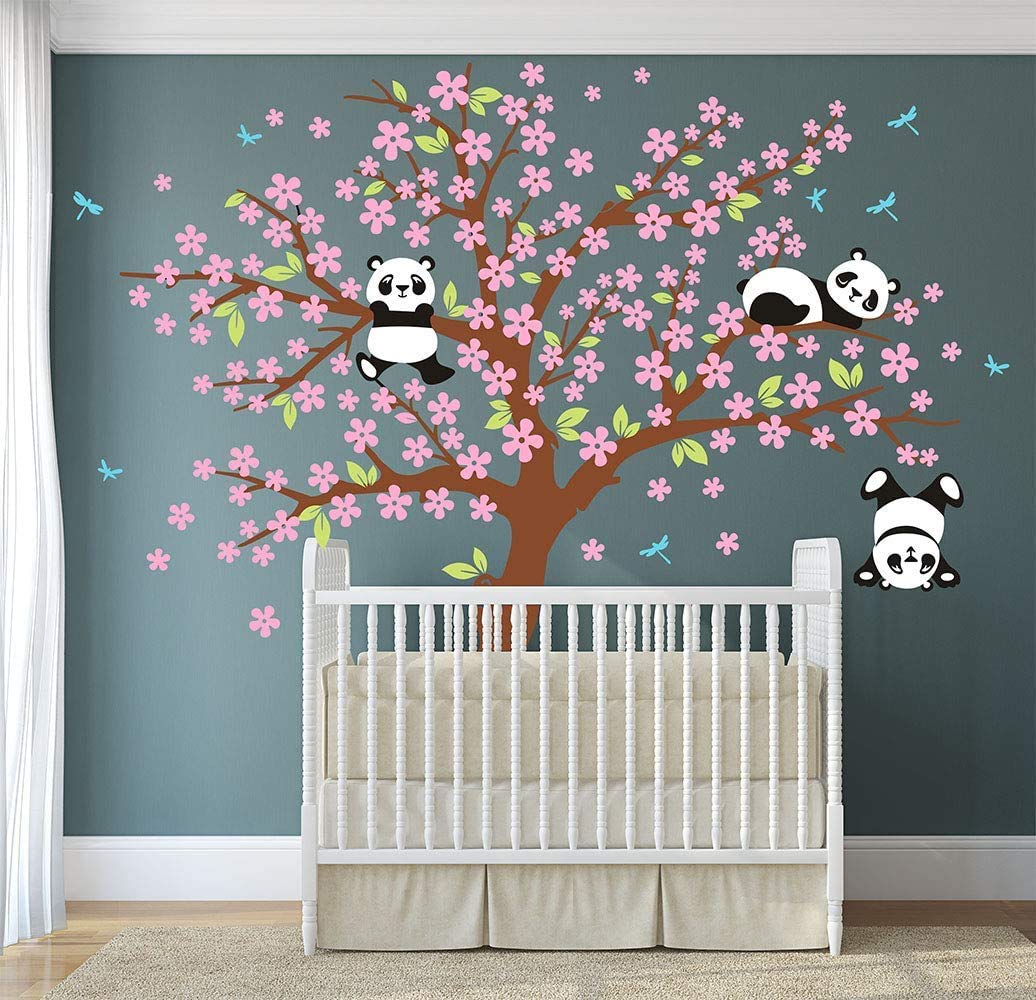 LUCKKYY Three Pandas Plying on Cherry Blossom Trees Branches Wall Decal Tree Wall Decal Tree Wall Sticker Nursery Bedroom Kid Baby Wall Decals Forest Mural Paper Nursery Vinyl Removable (Brownpink+)