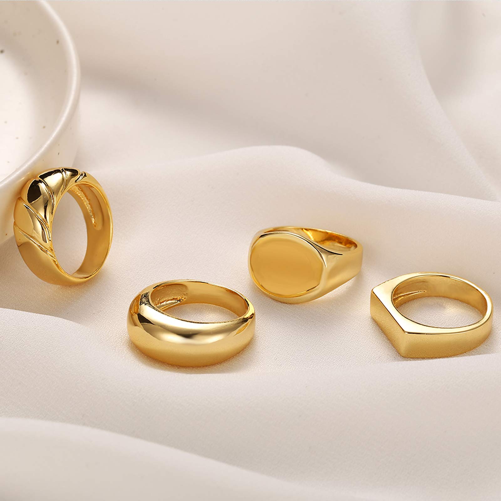 17 MILE 4 PCS Gold Chunky Dome Rings Set for Women/Men, 18K Real Gold Signet Polished Round Stacking Minimalist Ring Size 5-10 (Gold Size 5.75-6)