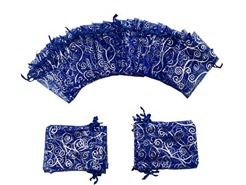 Ankirol 100pcs Sheer Organza Favor Bags For Wedding Baby Shower Rattan Print Gift Bags Samples Display Drawstring Pouches (3x4 inch, blue)