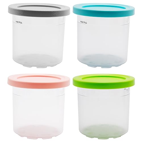 4 Pack Ice Cream Containers Replacement for Ninja Creami Ice Cream Makers NC300, NC301 & NC299AMZ Series, Reusable, BPA-Free & Dishwasher Safe, Airtight, Gray/Blue/Pink/Green Lids