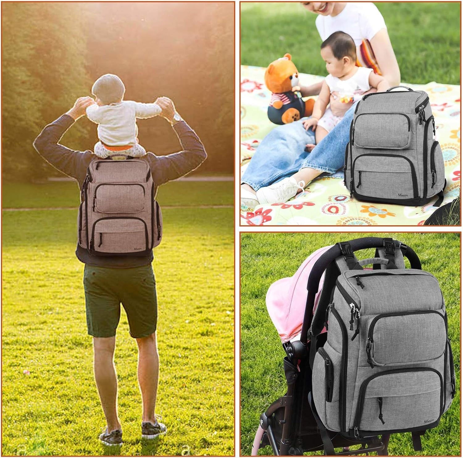 Mancro Diaper Bag Backpack, Multifunctional Travel Dad Diaper Bag with Insulated Pockets, Large Capacity Baby Diaper Backpack for Men and Women with Laptop Pocket and Stroller Straps, Grey
