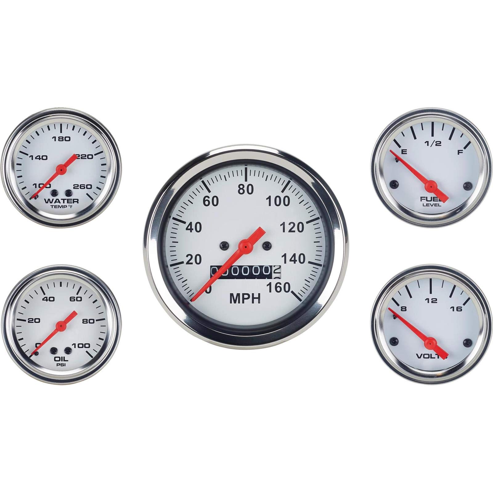 5-Gauge Set Complete Kit: 3-3/8" Mechanical Speedometer, 2-1/16" Component Gauges with White Face, Red Pointer & Chrome Bezel, Includes Tubing, Adapters, Fuel Level Sender