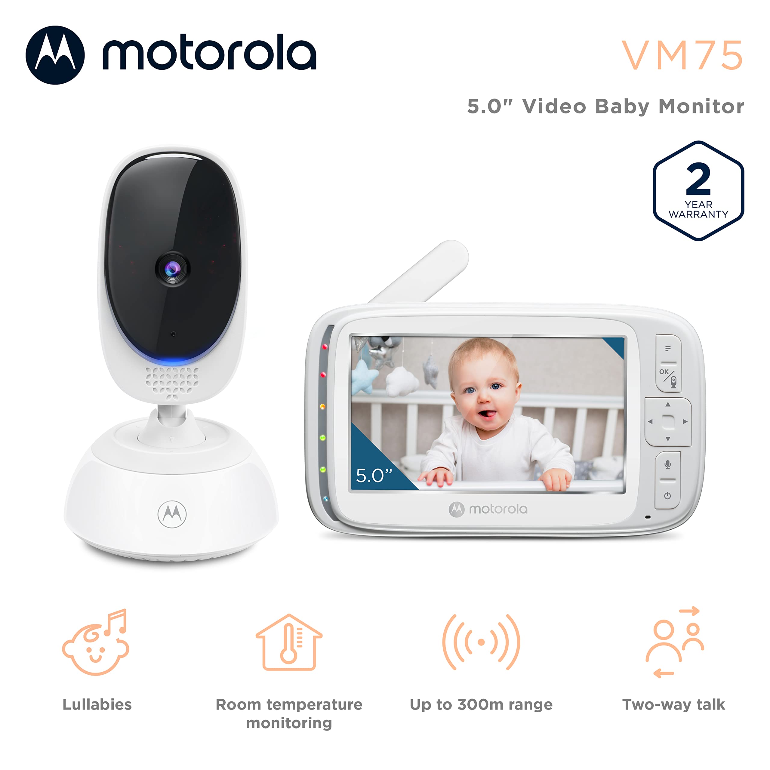 Motorola Nursery VM75 Video Baby Monitor Camera, 480x272p, 1000ft Range 2.4 GHz Wireless 5" Screen, 2-Way Audio, Temperature Sensor, Night Vision