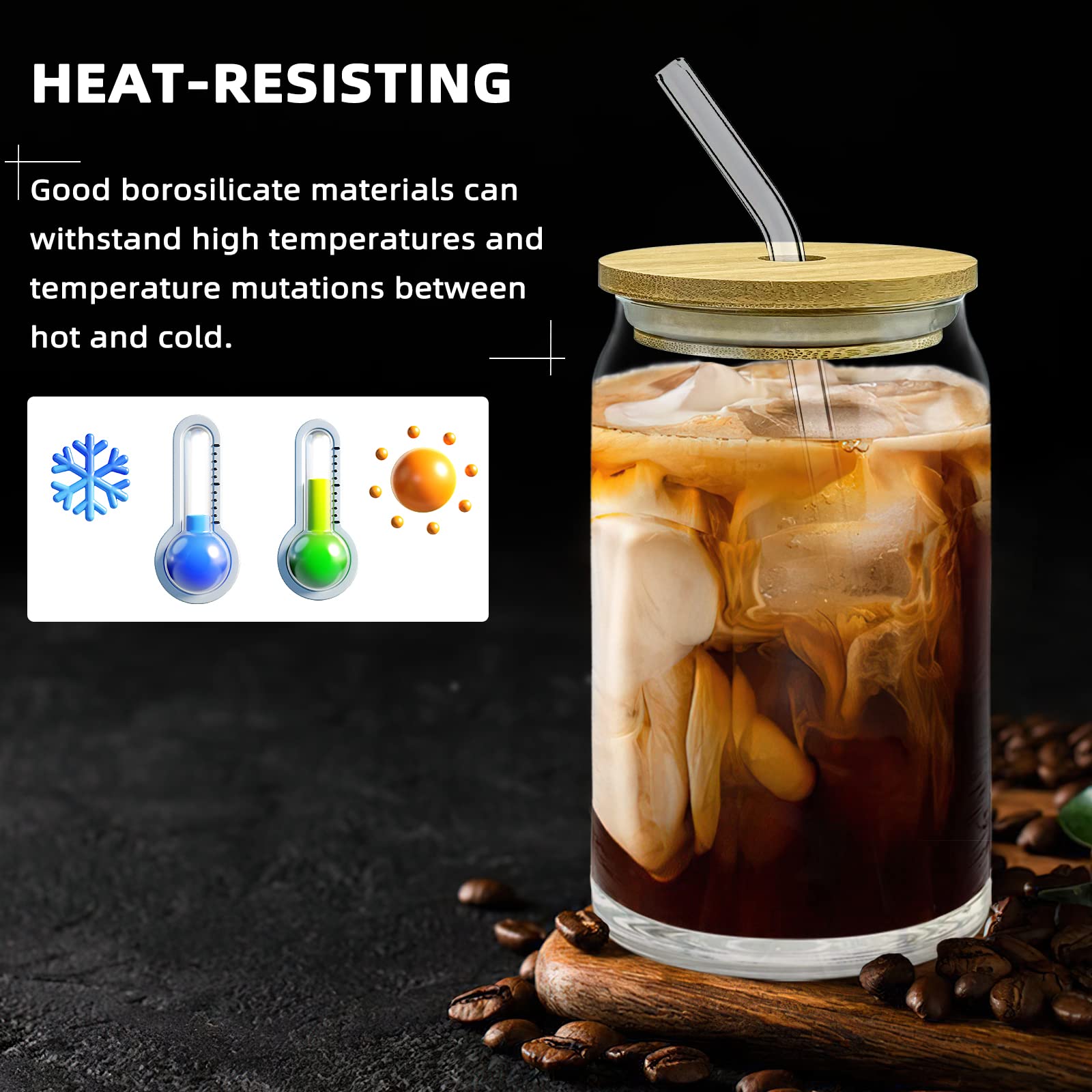 16 OZ Glass Cups with Bamboo Lids and Glass Straws - 12pcs Set Beer Shaped Drinking Glasses, Iced Coffee Cups, Cute Tumbler Cup for Smoothie, Boba Tea, Whiskey, Water