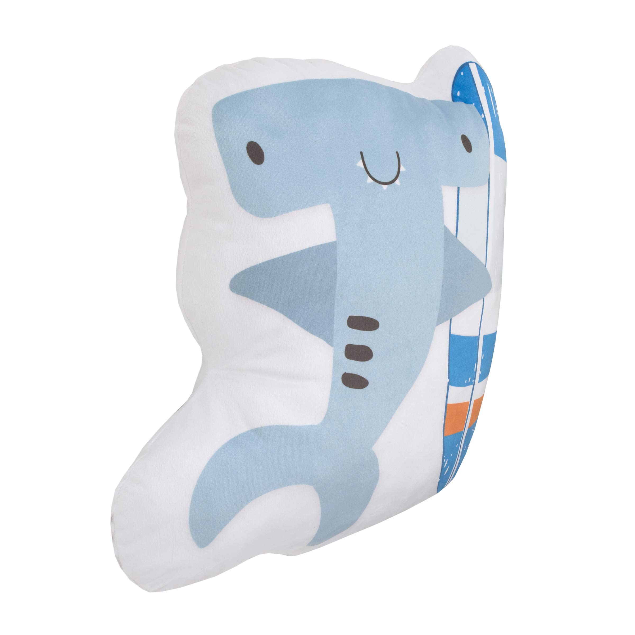 Everything Kids Little Dude Adventure Blue & White Shark with Surfboard Decorative Pillow, Blue, Orange, White (8767721P)