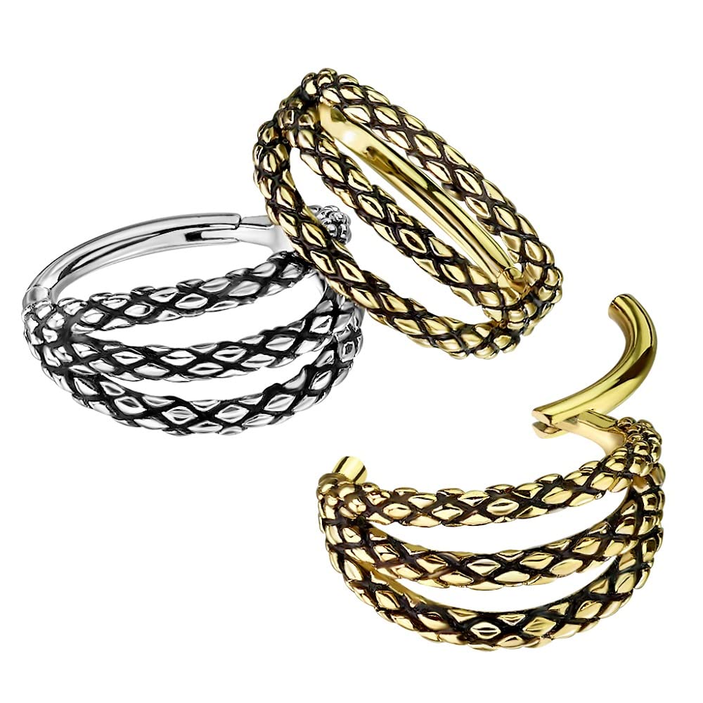 16GA Precision All 316L Stainless Steel Oxidized Lizard Skin Patterned Triple Hoop Hinged Segment Ring (Silver Tone)