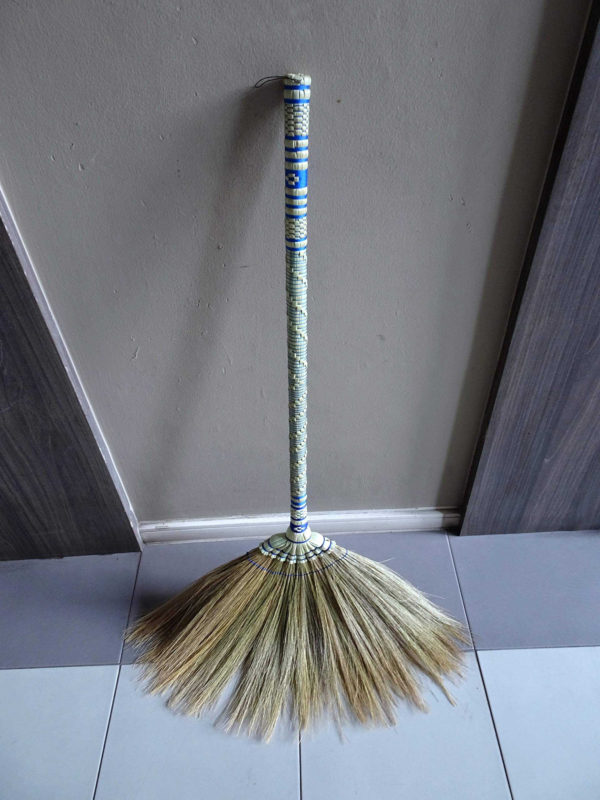 Asian Thai Handmade Broom ONE Piece Selected at Random for Sweeping Natural Grass & Wood Handle Corn Broom + 100% Calico Cotton Duster Cover (Various Styles and Colours as Pictured)