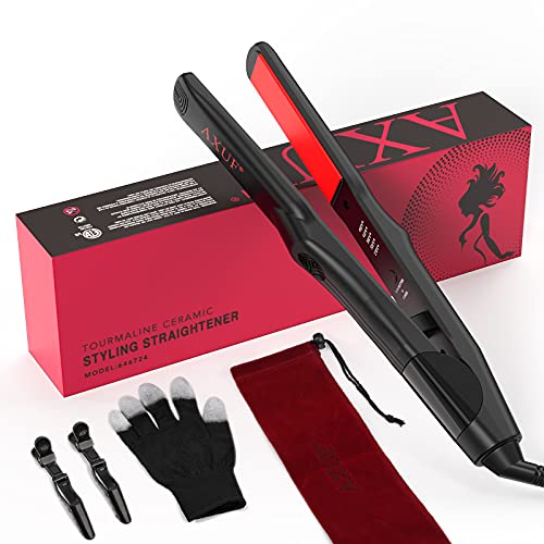 AXUF Professional Hair Straightener,Flat Iron for Hair with 5s Fast Heating & 5 Temp Setting ,Hair Straightener and Curler 2 in 1 for All Hairstyles, 1-inch Dual Voltage,Gifts for Women, Black/Red