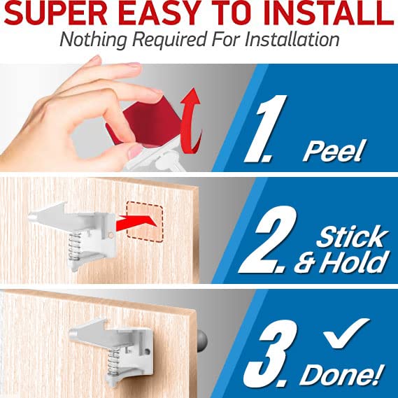Cabinet Locks for Babies - Child Safety Latches 10 Pack - Invisible Adhesive Baby Proofing Drawer Locks - Works with Most Cabinets and Drawers - No Drilling Installation - (White)
