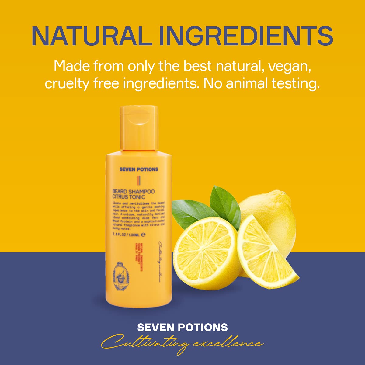 SEVEN POTIONS Beard Shampoo for Men - Gentle Cleansing Wash for a Fresh, Itch-Free Beard - Natural, Vegan Formula (Citrus Tonic, 3.4 Fl Oz)