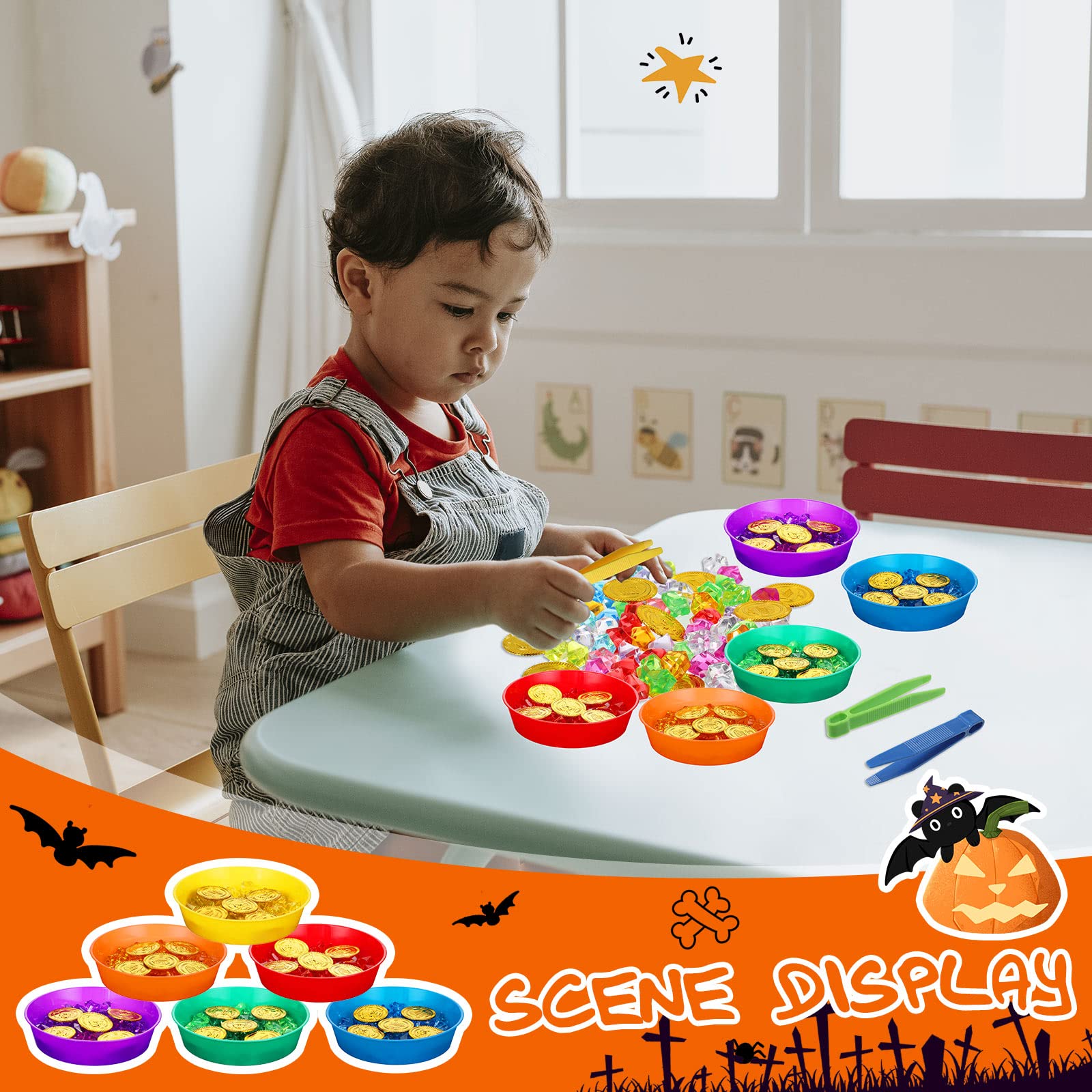 172 Pcs Fine Motor Skills Toys Sensory Bin Filler Including 80 Pcs Pirate Gold Coins 80 Pcs Pirate Gems 6 Pcs Sorting Bowls 2 Pcs Scissors Clip 4 Plastic Tweezers for Education Sorting Counting