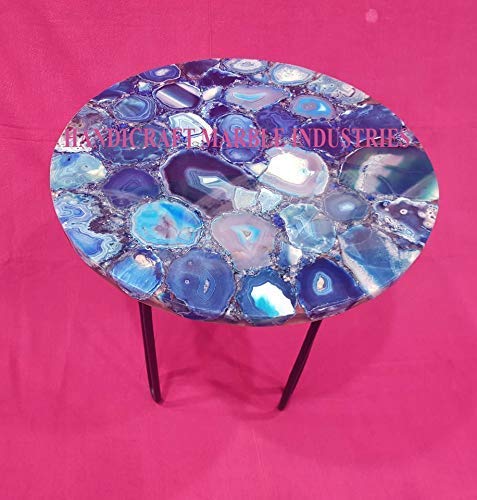 18" Inch Round Blue Agate Coffee Table with Hair Pin Style Metal Base, Agate Round Coffee Table, Agate Side Table Home Decor