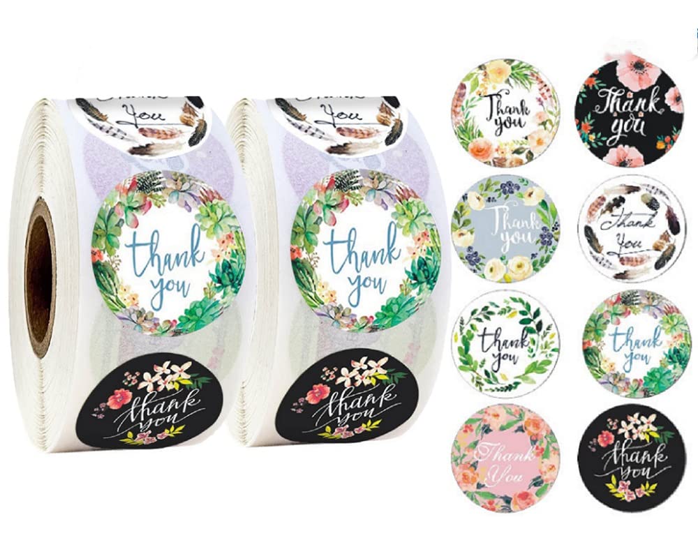detaiyirongshangmao 2 Roll 1.5Inch Thank You Stickers, 8 Designs, Thank You Sticker Roll Boutique Supplies for Business Packaging | 500 Labels Per Roll for Bubble Mailers & Bags (1PACK)