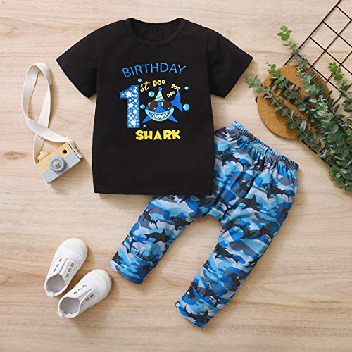 Detigee Baby Boy First Birthday Outfit Toddler Birthday Shark Pant Clothing Set (Black09,12-18 Months)