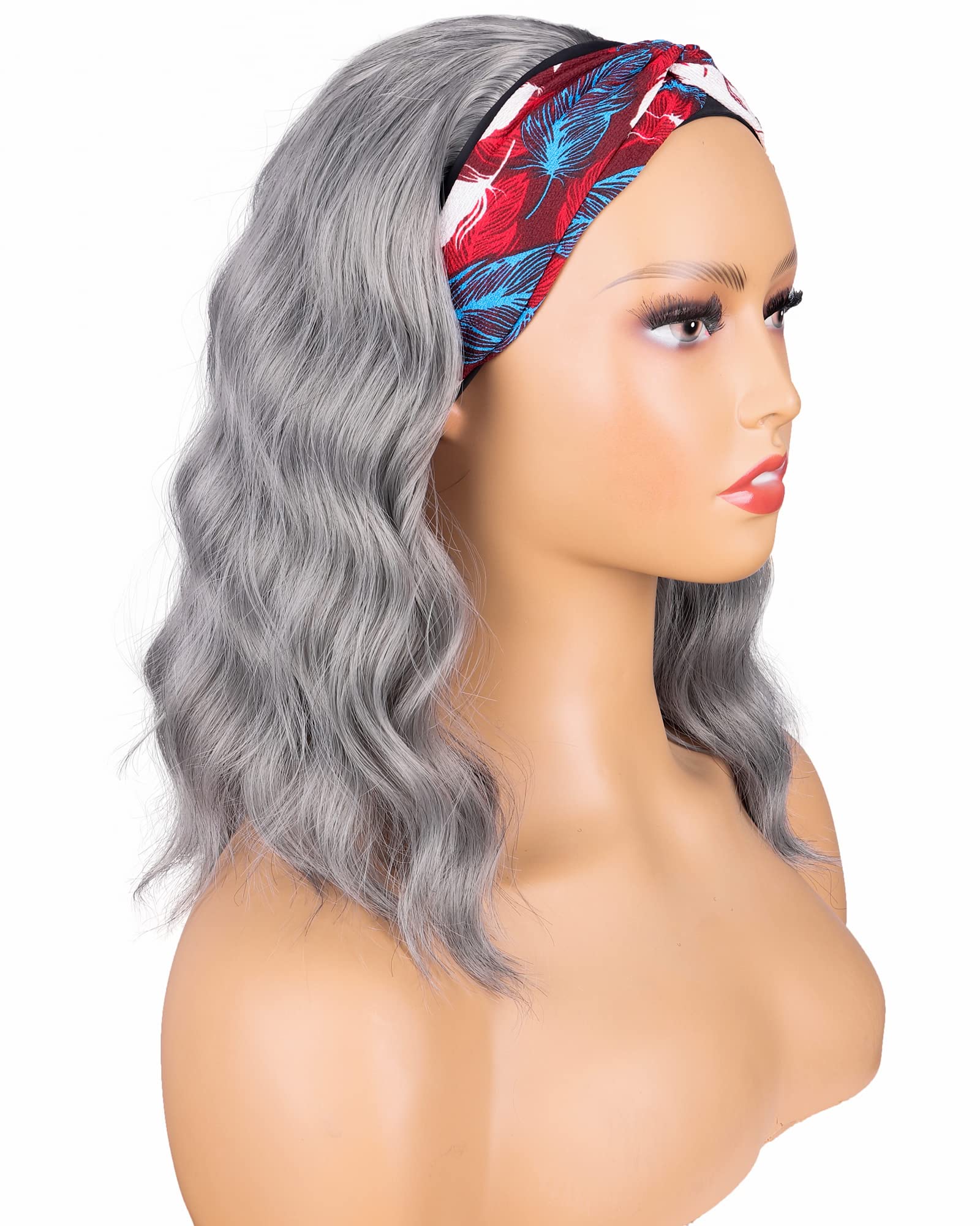 SYMEIW Silver Grey Wavy Headband Wig For Black Women Curly Half Wigs With Headband Attached Synthetic Wrap Wigs Turban Wigs For Women(Gray)…