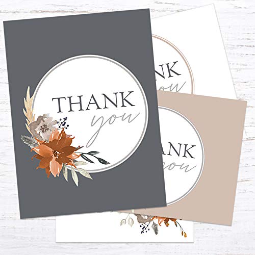 Canopy Street Indie Autumn Floral Thank You / 24 Cards, Six Designs/Boho Gray and Orange Floral