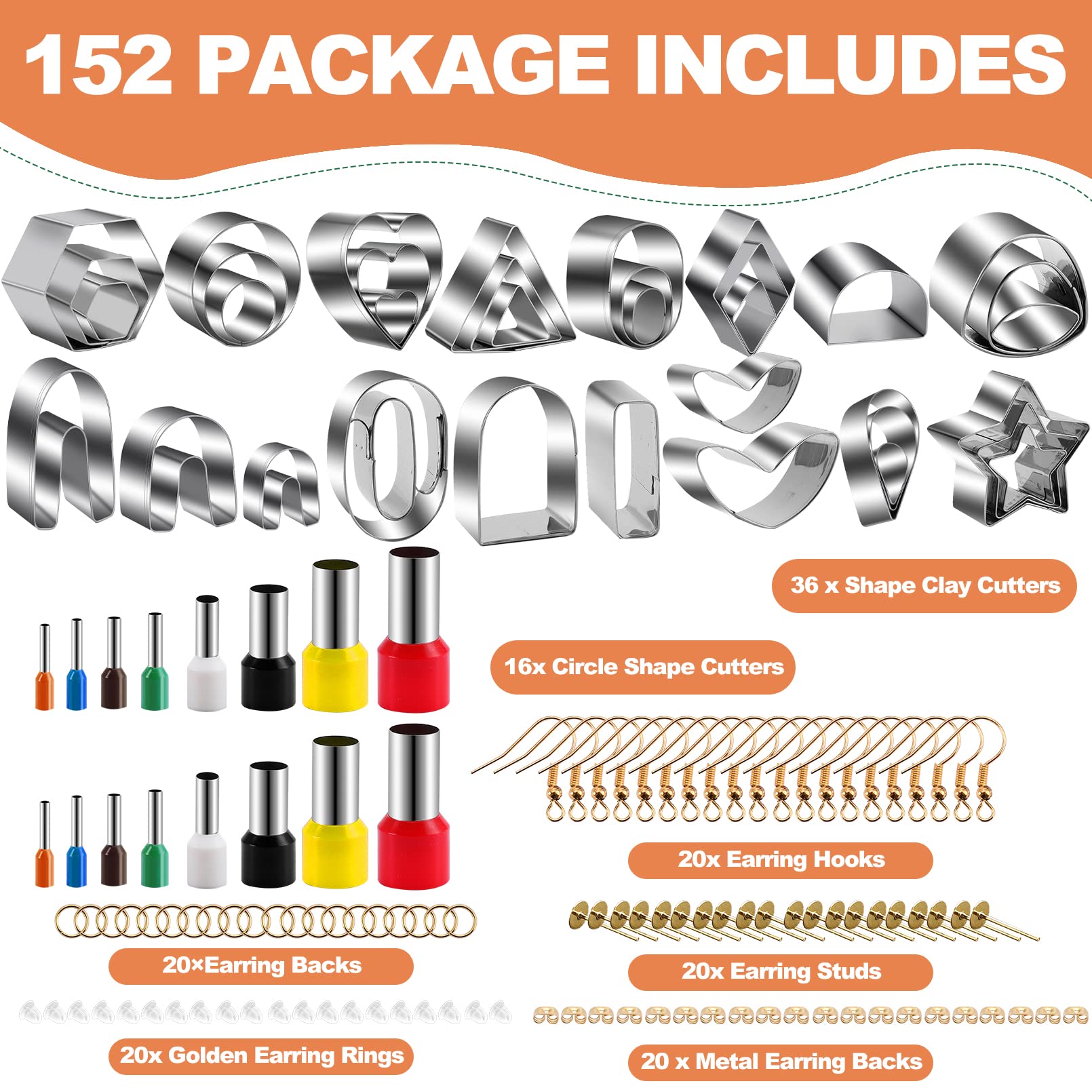 152 Pcs Polymer Clay Cutters Set,36 Shapes Stainless Steel Clay Earring Cutters Molds with 16 Circle Shape Cutters and 100 Earrings Accessories,DIY Clay Cutters for Polymer Clay Jewelry