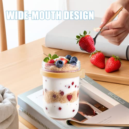 4 Pack Overnight Oats Containers with Lids and Spoons, 12 oz Airtight Mason Overnight Oats Jars, Meal Prep Container Reusable for Cereal, Fruit, Chia Pudding, Salad, Milk with Measurement Mark