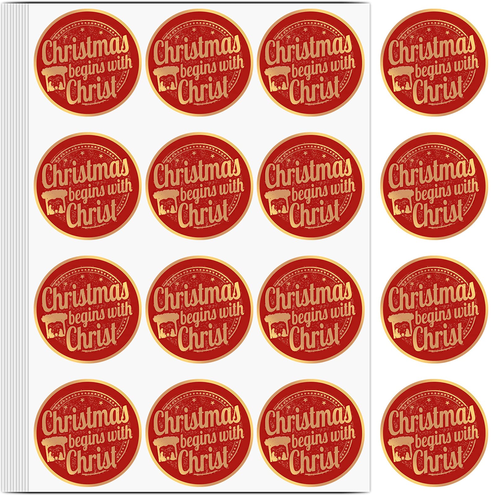Christmas Stickers 300 Pieces 2 Inches Seals Sticker Round Foil Stamping Labels Christmas Begins with Christ Decals Self-Adhesive White Red Christmas Tags for Cards Envelopes Boxes