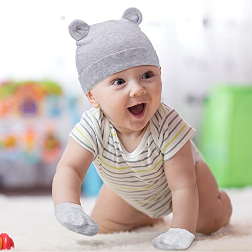 Geyoga 9 Pieces Newborn Baby Hat Mittens Sock Set Bear Ears Hat Mittens No Scratch Gloves for 0-12 Months Boy Girl(Black, Navy Blue, Gray)