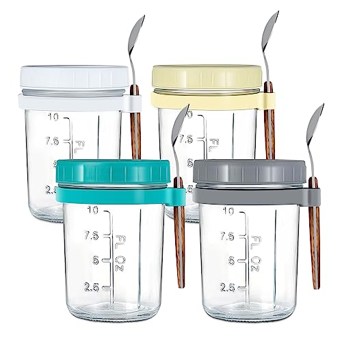 4 Pack Overnight Oats Jars, Overnight Oats Containers with Lids and Spoons, 16 Oz Glass Mason Jars for Overnight Oats Leak Proof Oatmeal Container Great for Cereal, Yogurt, Milk, Salads, Fruit