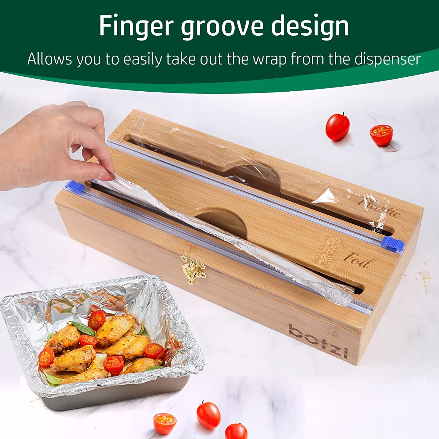 2 in 1 Food Wrap Organizer with Cutter, Bamboo Wrap Dispenser for Aluminum Foil, Wax Paper, Plastic Wrap, Wall Mounted or Kitchen Drawer Organization and Storage Holder,Max for 12" Roll