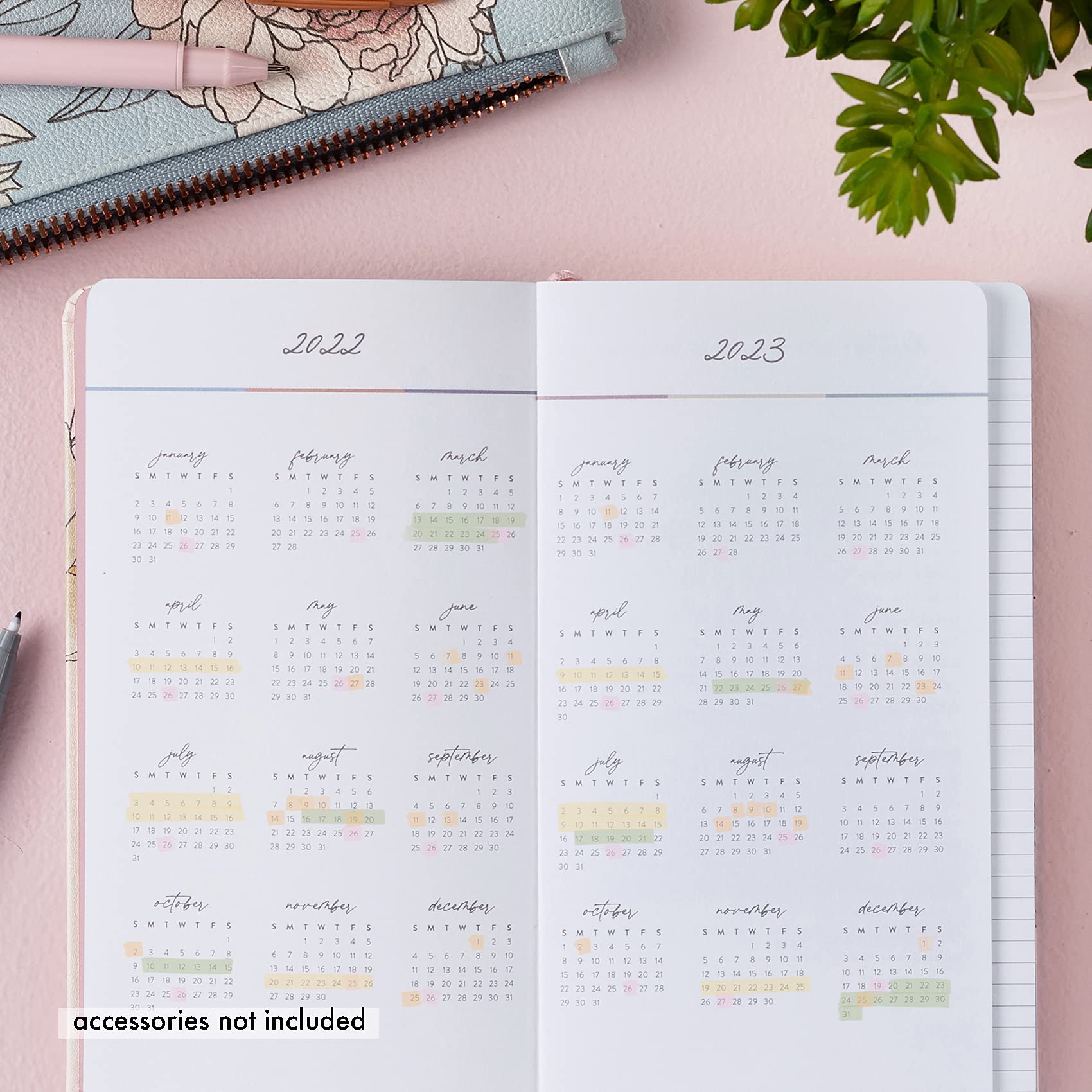 12 Month Pocket Planner ( Jan 2022 - Dec 2022 ) - Flora Blush. Vegan Leather. 80 lb. Thick Paper. Dated Monthly and Weekly Horizontal Spreads and Notes Pages by Erin Condren.