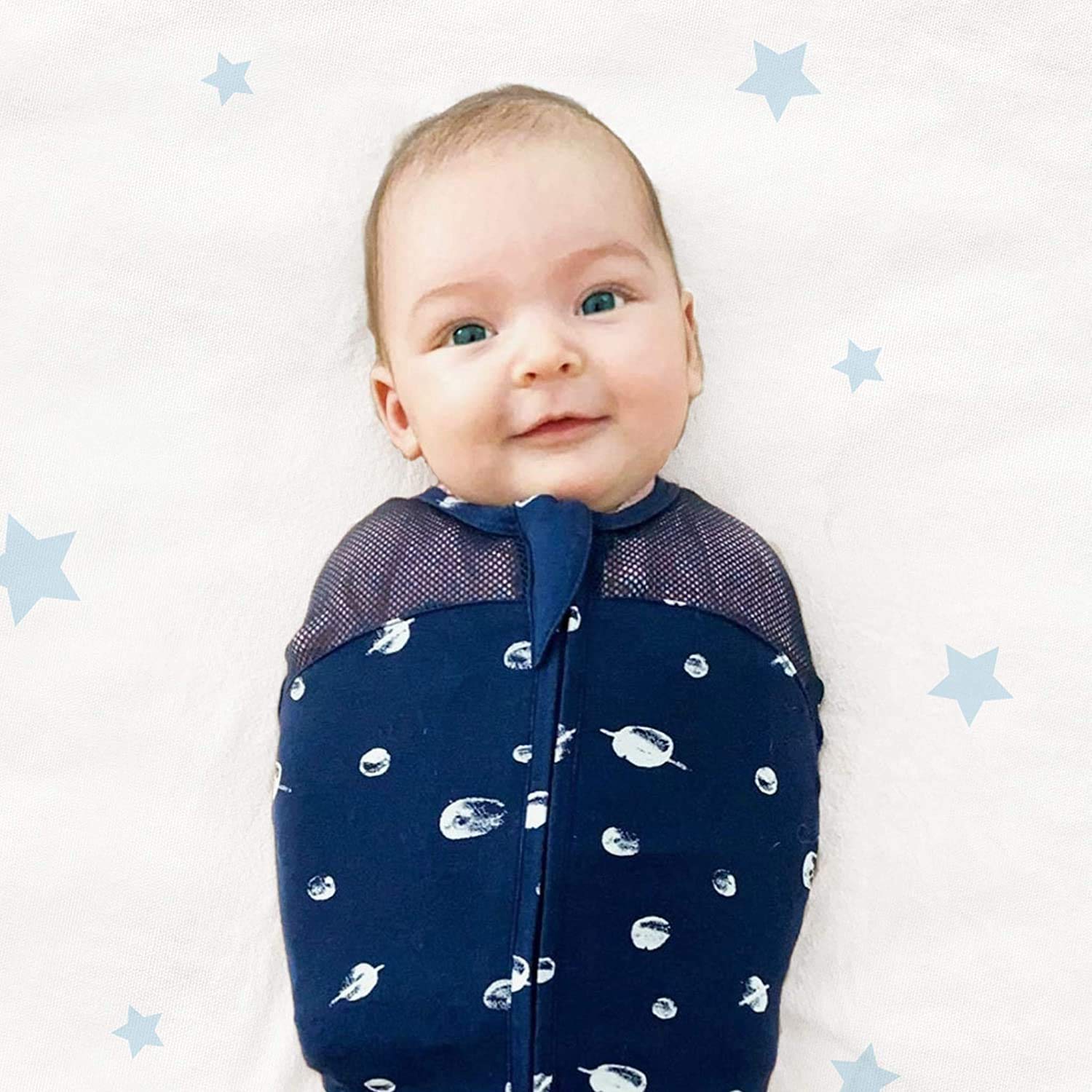 Happiest Baby Sleepea 5-Second Swaddle - 100% Organic Cotton Baby Swaddle Blanket - Doctor Designed Promotes Healthy Hip Development (Graphite Stars, Small)
