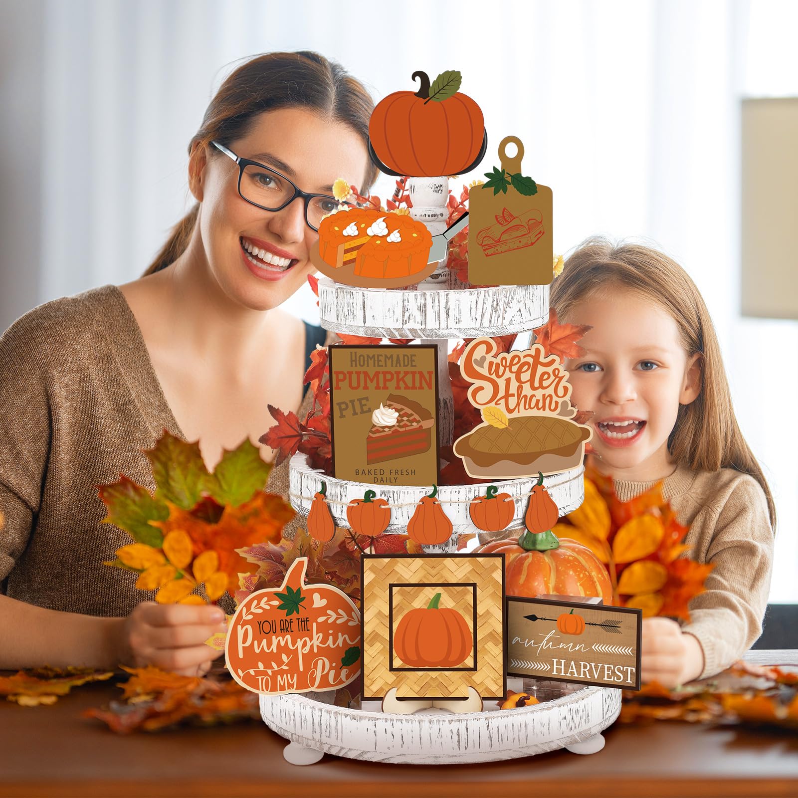 12 Pieces Fall Tiered Tray Decor Set Welcome Autumn Pumpkins Tray Decor Hello Autumn Maple Leaf Wood Table Decor Thanksgiving Decorations for Holiday Fall Farmhouse Home Centerpiece (Novelty Style)