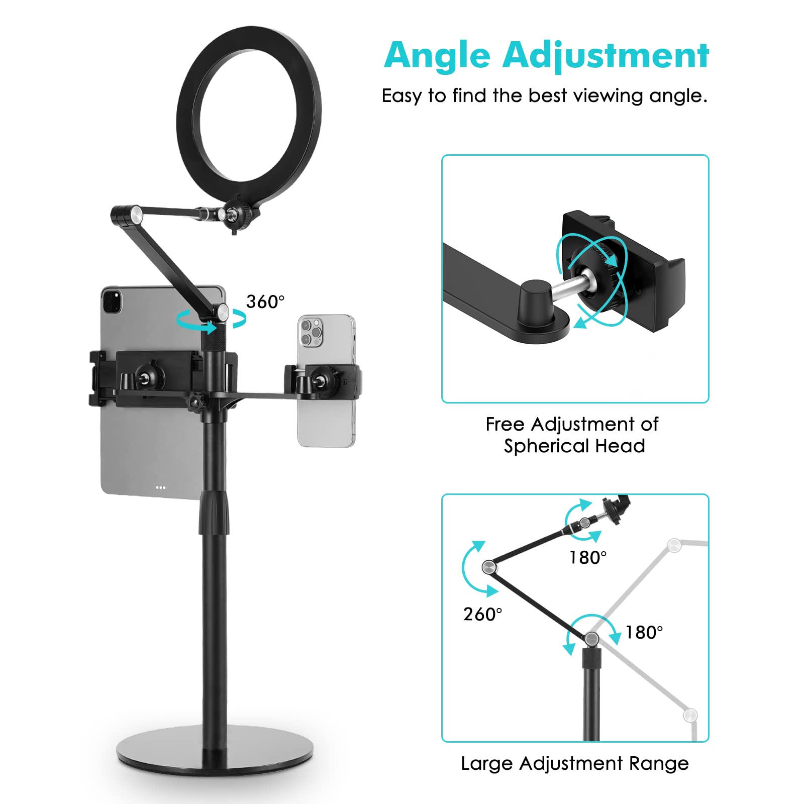 viozon 3-in-1 Selfie Desktop Live Stand, Height Adjustable/Overhead, 8" LED Ring Light, Compatible with 3.5-13" Tablet& Phone, Suitable for YouTube/Tiktok/Recording/Streaming/Online Meeting-B