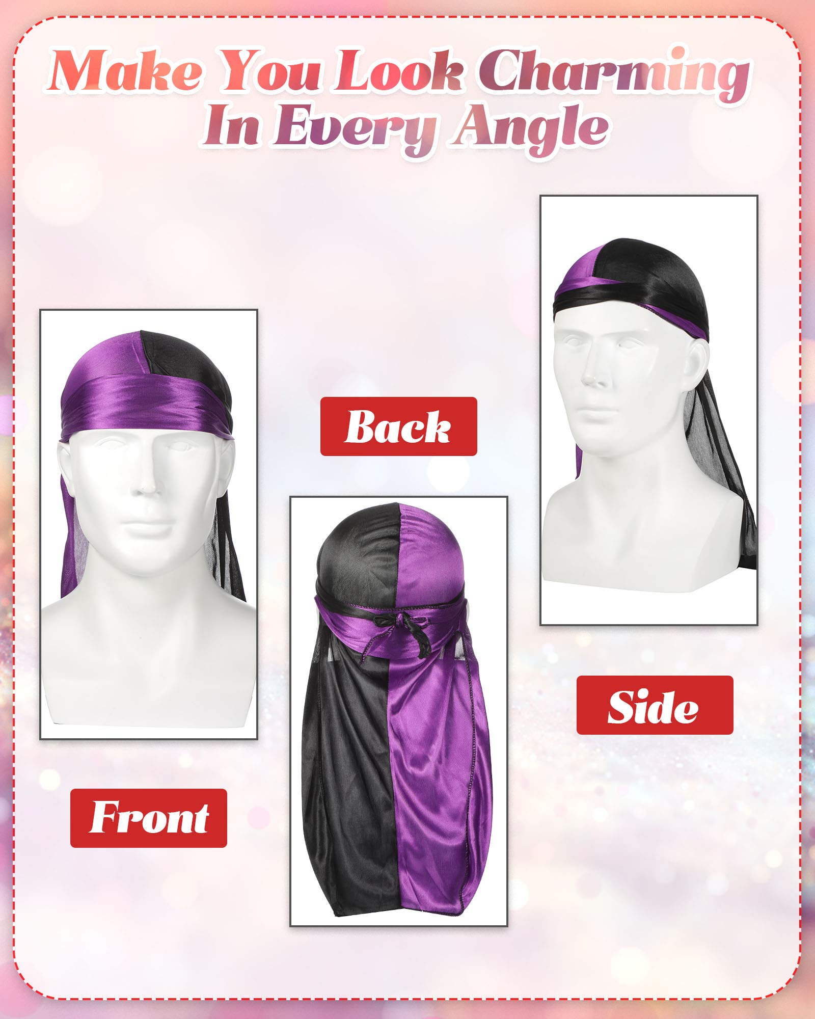 12 Pieces Silky Durag Pirate Cap Long Tail Headwraps for Men and Women Silky Durag Hip Hop Rapper Doo Rag Sleep Hat (Two-Tone Style)