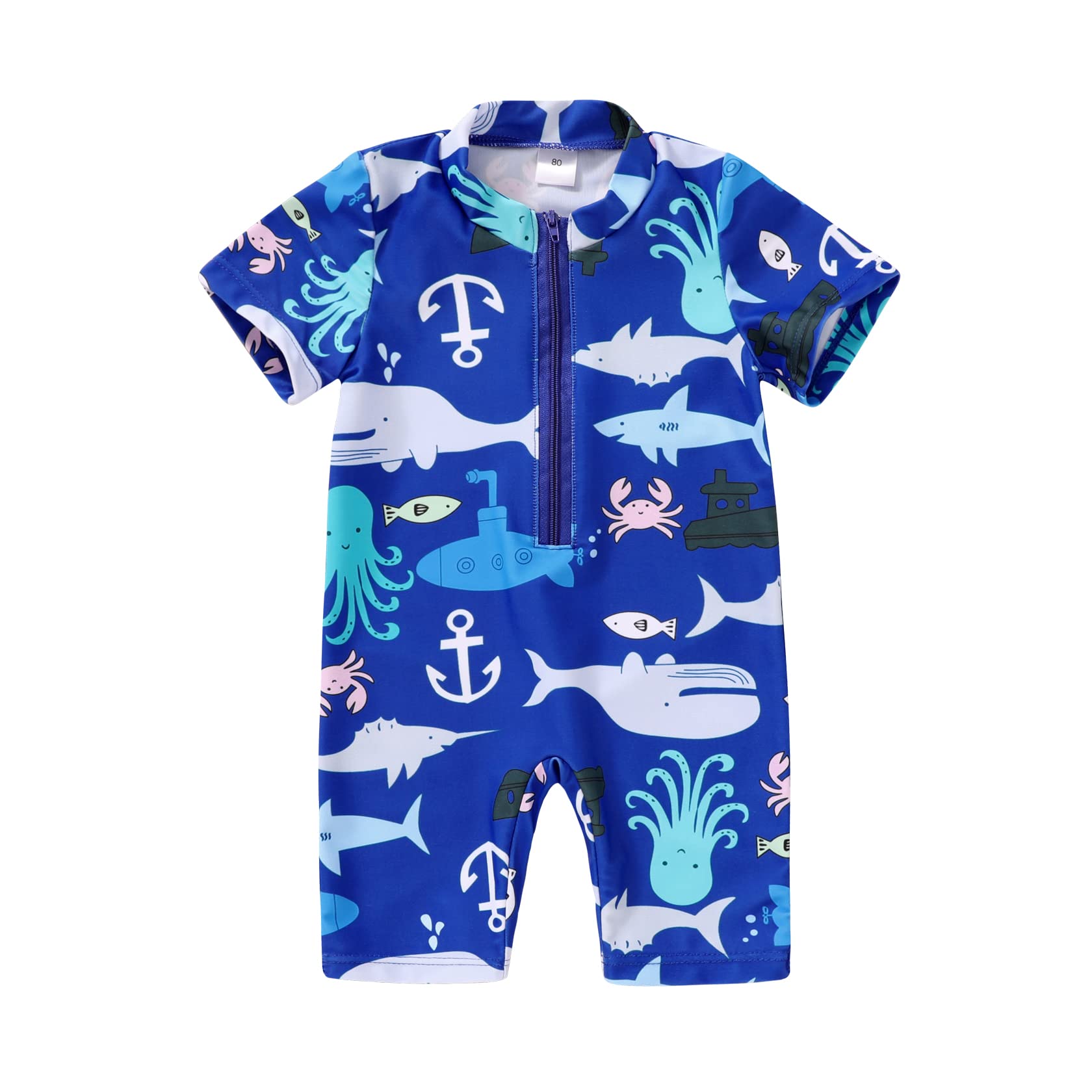 HAPPYMA Newborn Infant Baby Boys Swimsuit One-Piece Zipper Cartoon Fish Print Bodysuit Sunsuit Swimwear Bathing Suit (Blue, 0-3 Months)