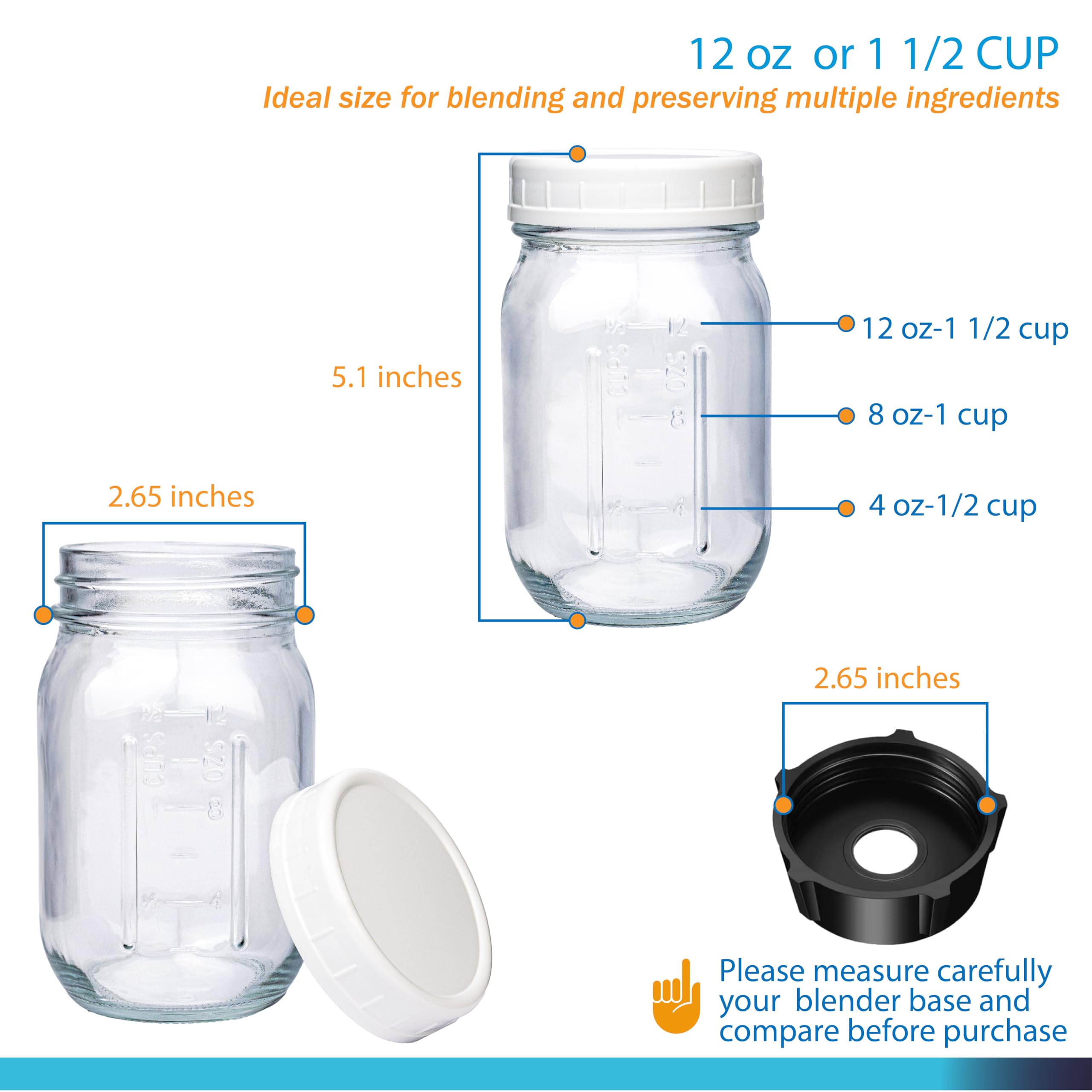 12 oz Glass Jars with Lid, Fits Most Oster Blenders for Blending Smothies and Storing Pickles, Honey, Spice, Candy, Jam, Overnight oats, Meal Prep Containers (2)