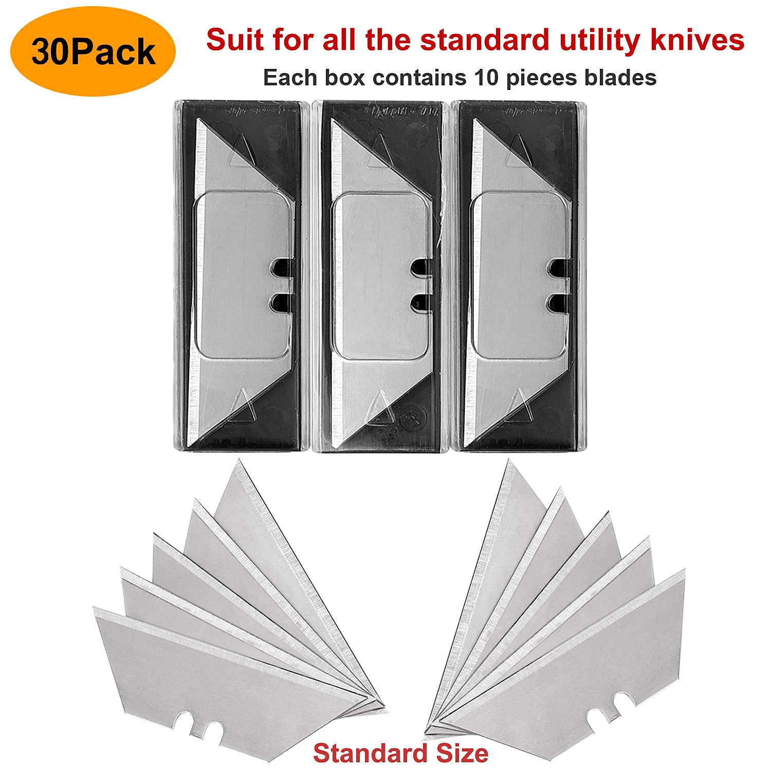 30 Pack Utility Knife Blades, SK5 Steel Heavy Duty Box Cutter Replacement Blades with Plastic Case, Standard Size Razor Blades for Most Standard Utility Knives