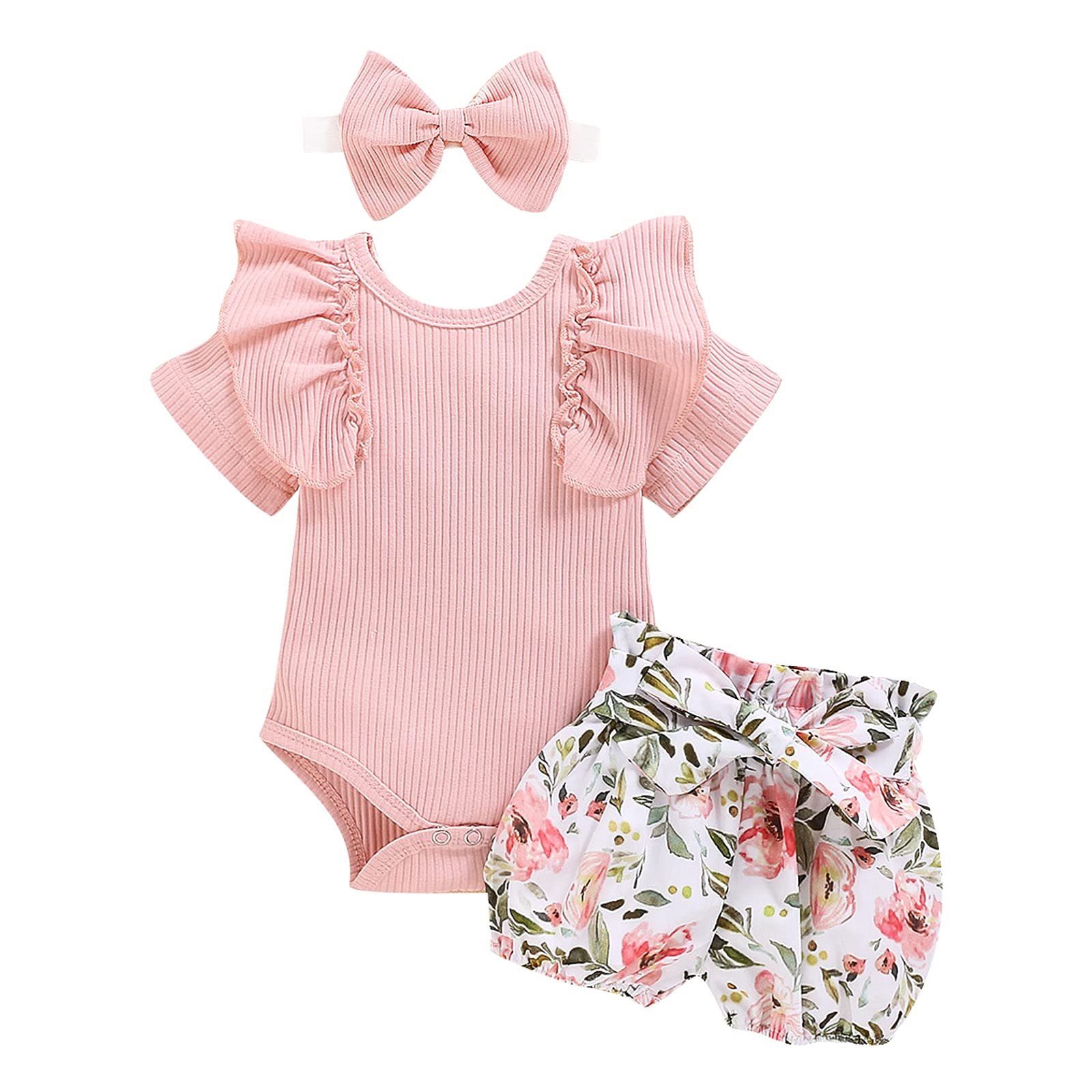 Dimoybabe Newborn Baby Girl Clothes Summer Infant Outfit Cute Ruffle Romper Short Set Solid Pink 3-6 Months 80cm