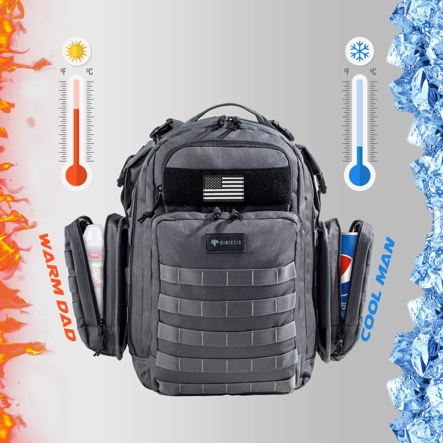 Dad Diaper Bag, Mens Diaper Bag Backpack with Diaper Changing Mat, Military Diaper Backpack with Molle Webbing, Waterproof Pouch, Baby Wipes pocket, Insulated Bottle Pockets- Dark Grey