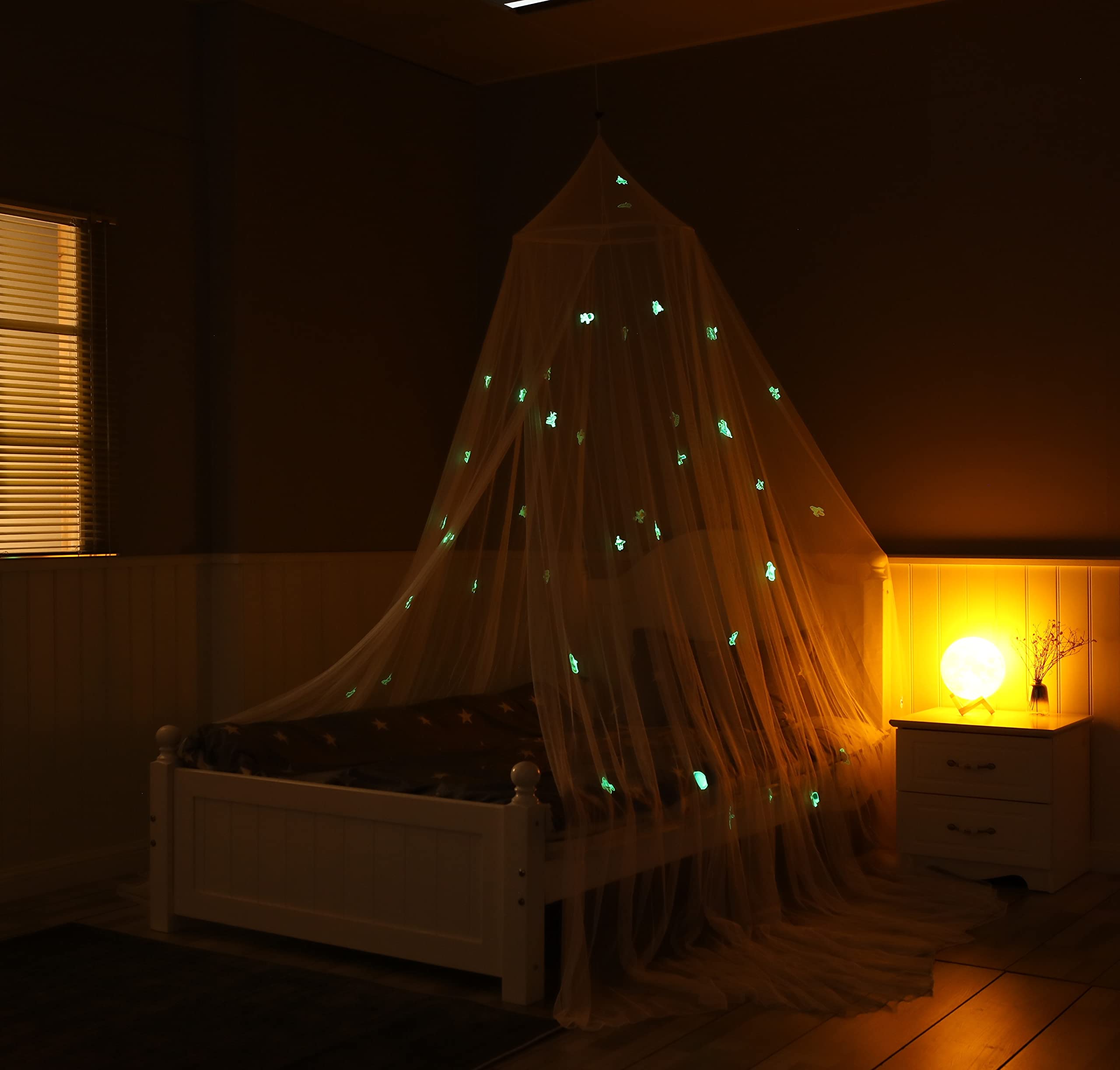NFGMFMQSHDF Bed Canopy with Glow in The Dark Spaceworld, Modern White Bed Curtain for Girls, Kids & Babies, Fire Retardant Fabric